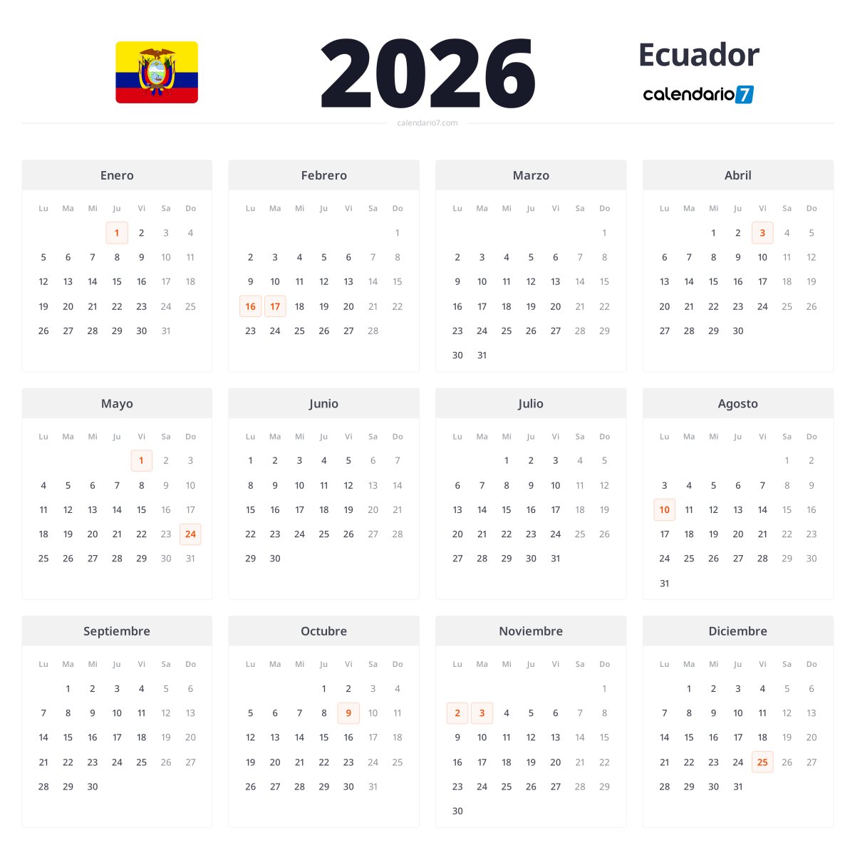 Calendario 2026 Ecuador Editable Invoice