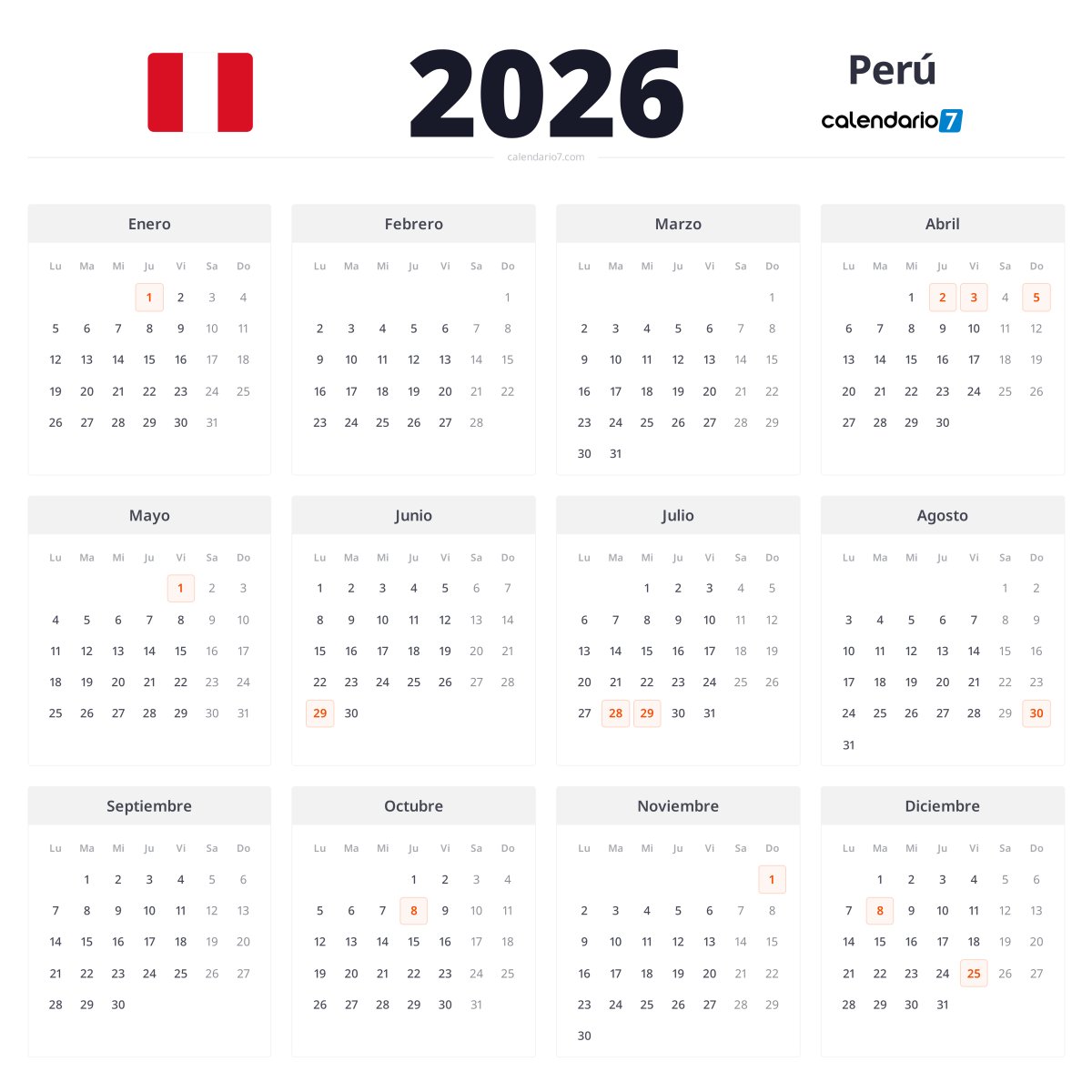 Calendario Perú 2026