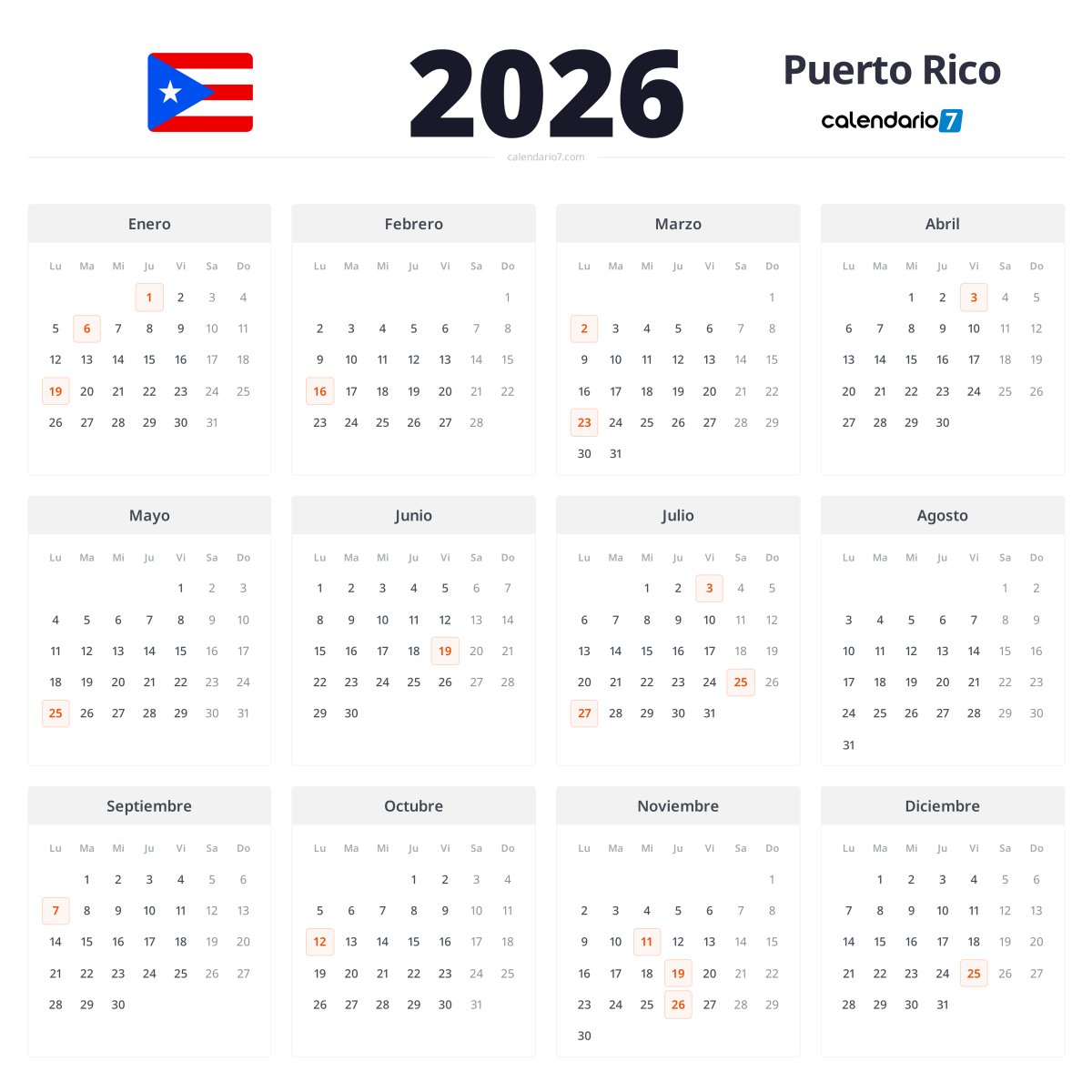 Calendario Puerto Rico 2026