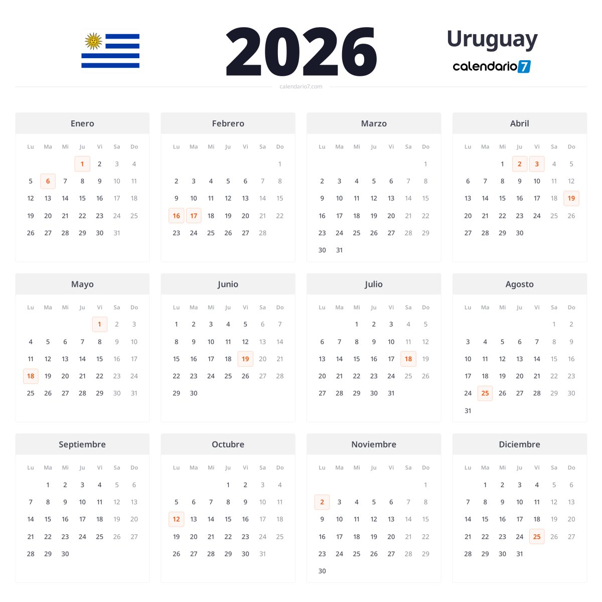 Calendario Uruguay 2026